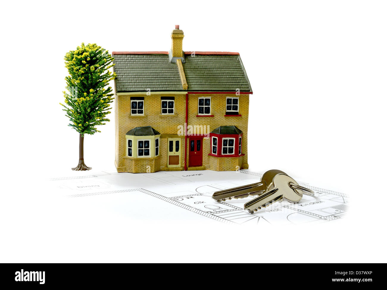 Concept image for new home with floor plans and shiny house keys on a ...