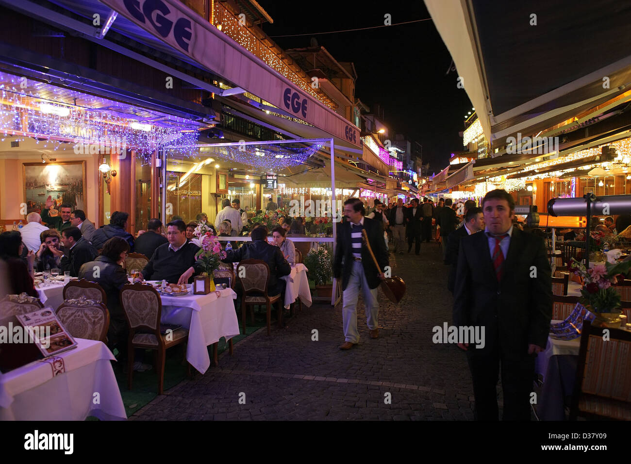Istanbul, Turkey, famous restaurant row in the center of the district ...