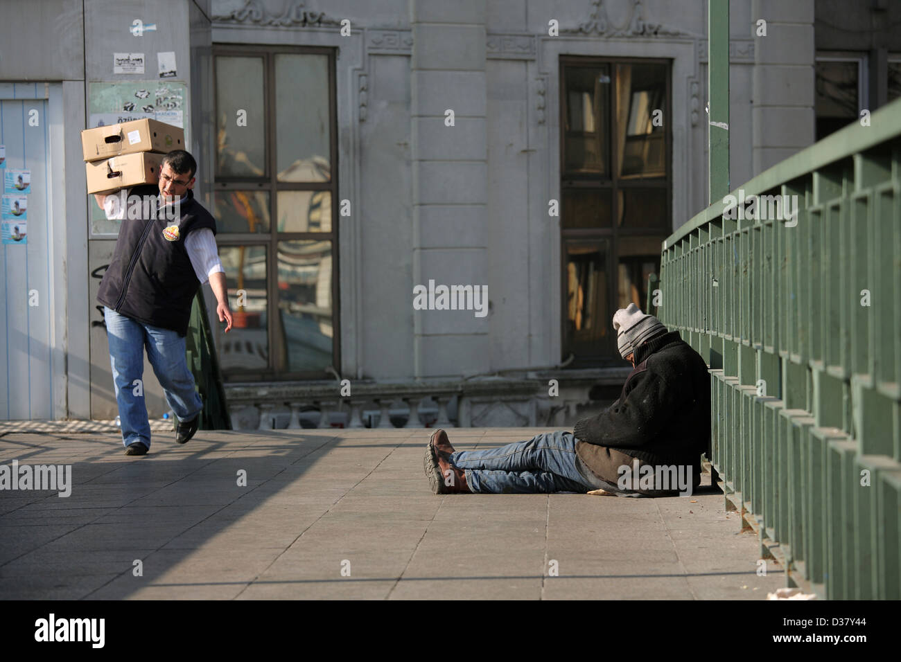 Istanbul, Turkey, homeless on the pedestrian bridge on the Golden Horn ...