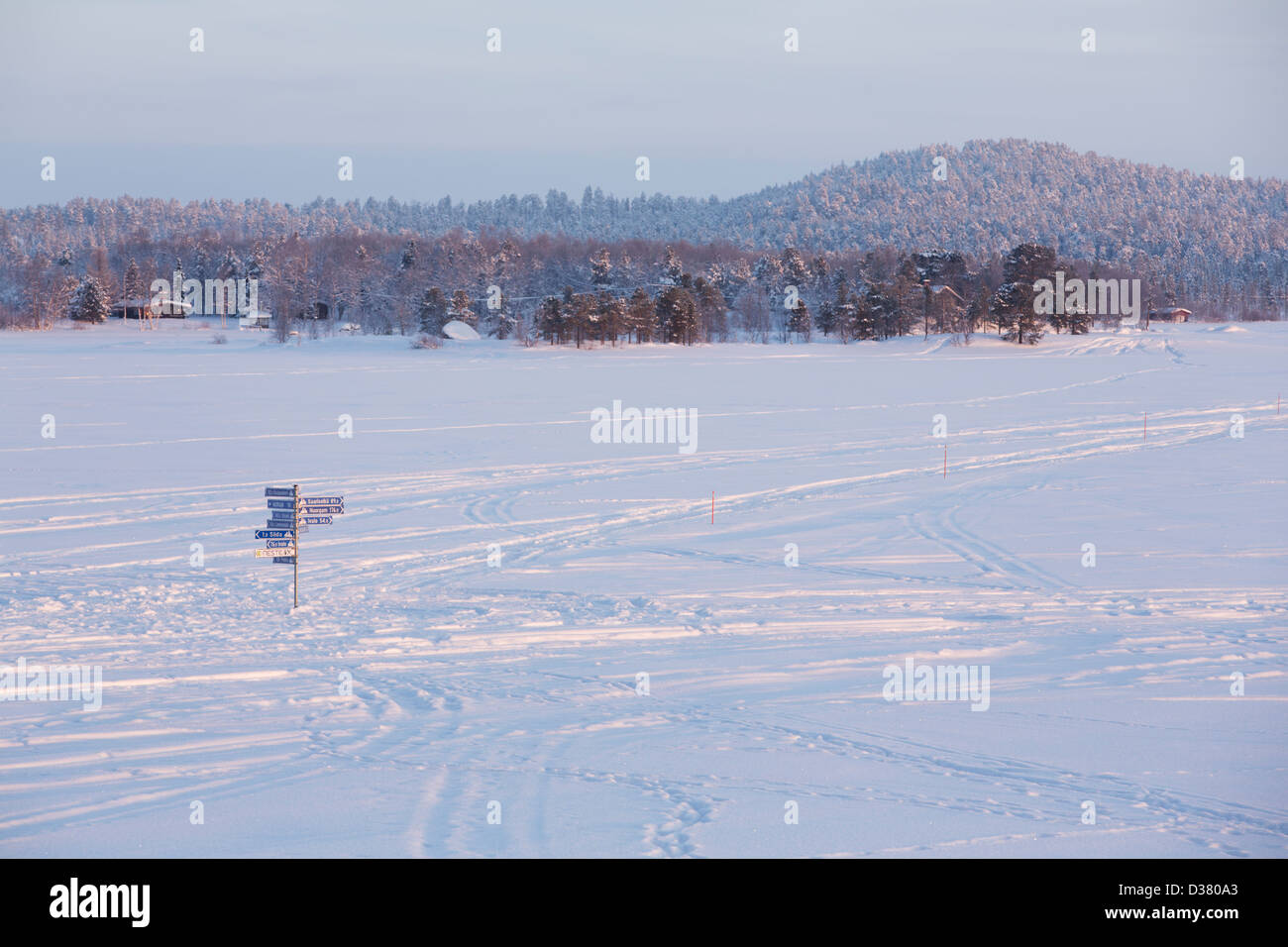 Signpost in Lake Inari during Winter Stock Photo - Alamy