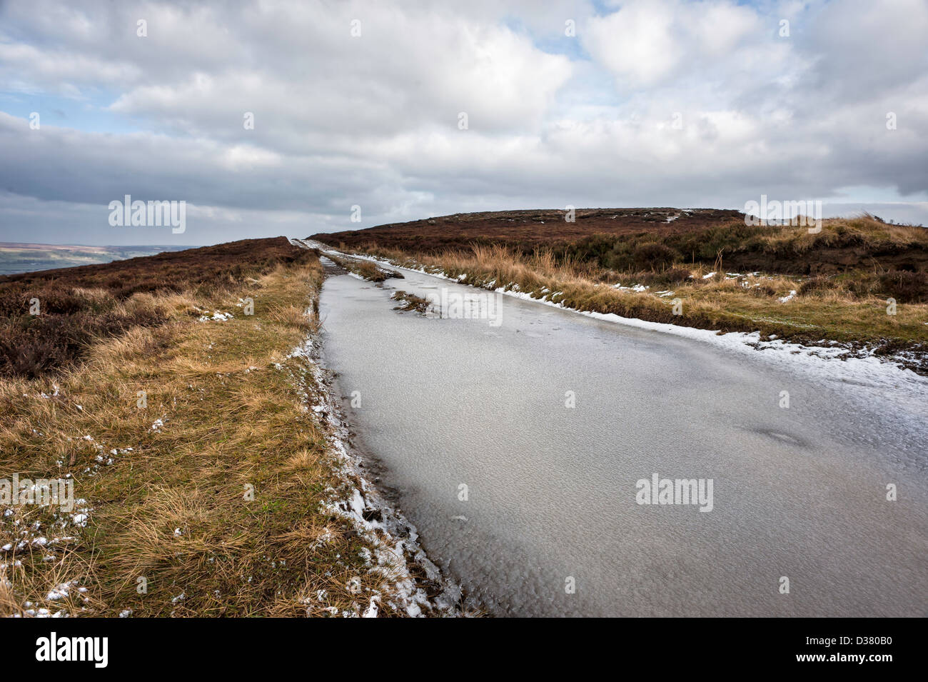 A frozen dirt track cutting through the North York Moors National Park ...