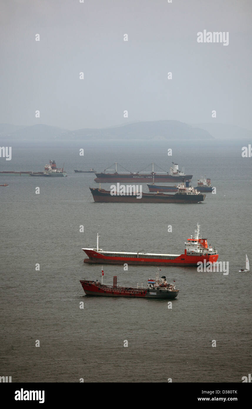 Istanbul, Turkey, freighters and tankers pile up on the Sea of Marmara ...