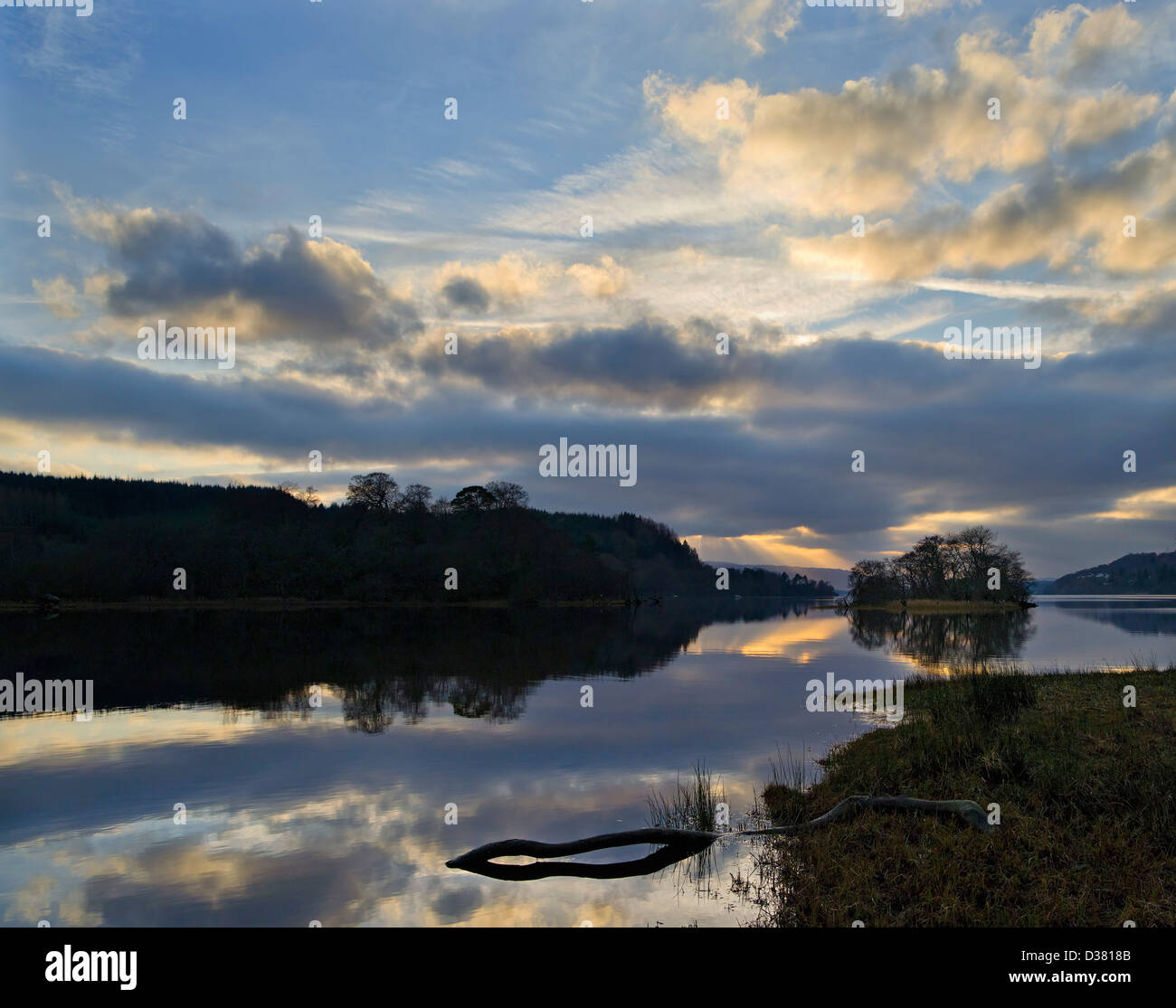 Sunset sky reflecting in still waters of Loch Awe, Argyll, Scotland ...