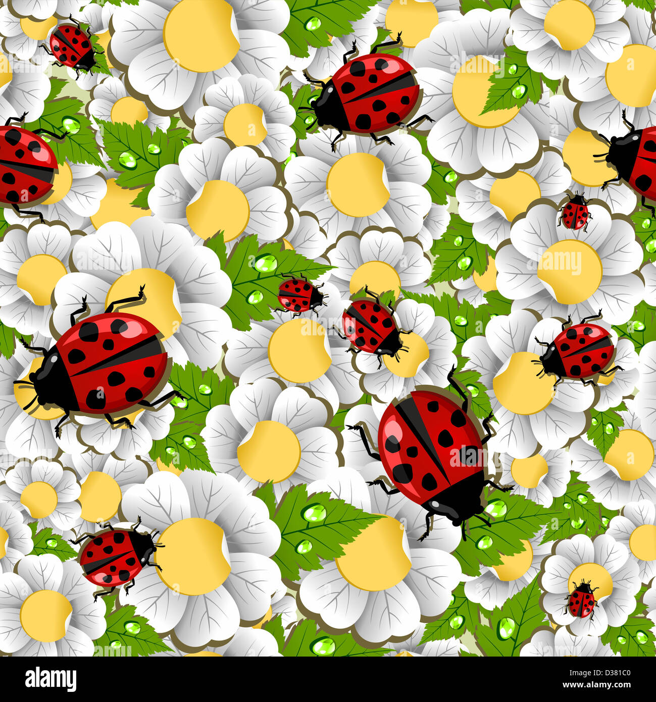 Spring ladybug, flowers, leaves and water drop seamless pattern. Vector ...