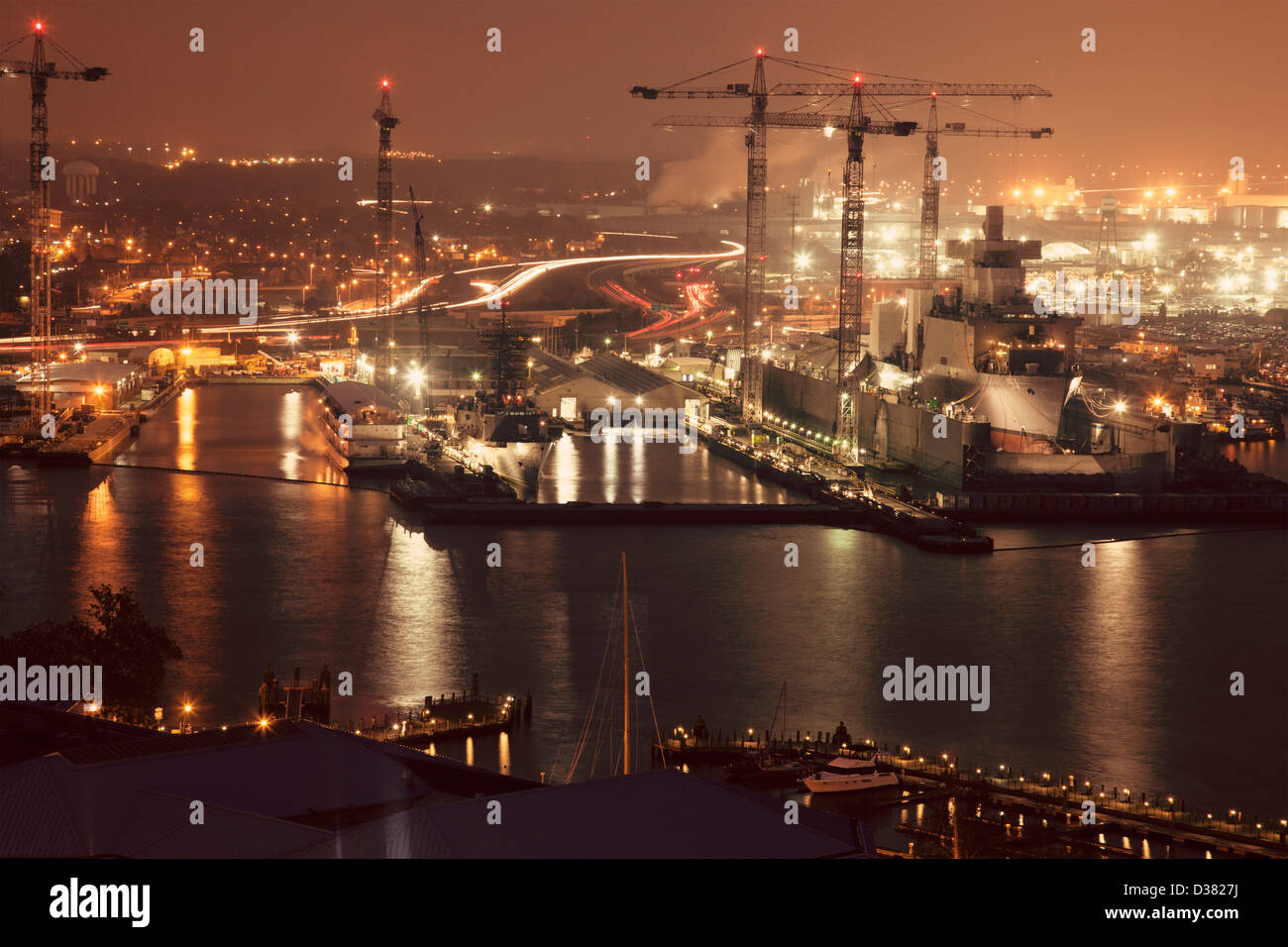 USA, Virginia, Norfolk, Cityscape with cranes at night Stock Photo - Alamy