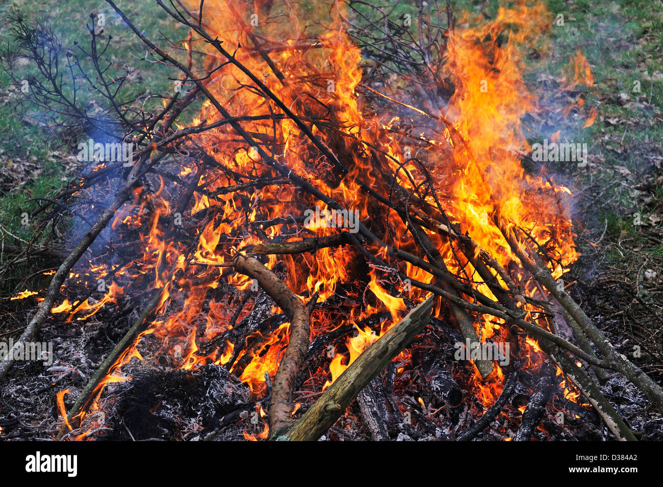 An outdoor fire, burning garden debris and branch trimmings Stock Photo ...