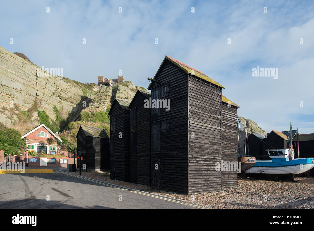 Fisherman's huts in Hastings Old Town at Rock-a-Nore. Used for hanging ...