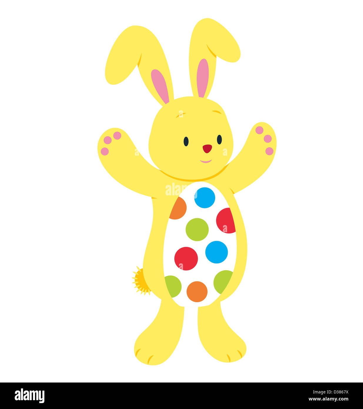 A happy rabbit character, raising both hands up with the tummy ...