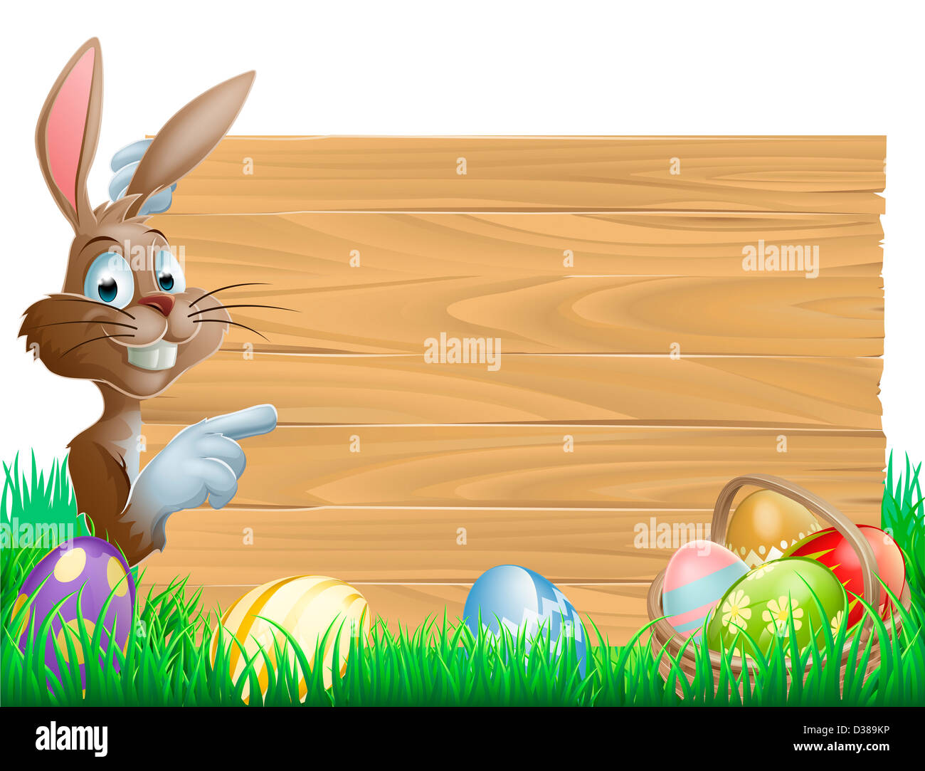 Easter bunny character pointing at a blank sign with space for text ...