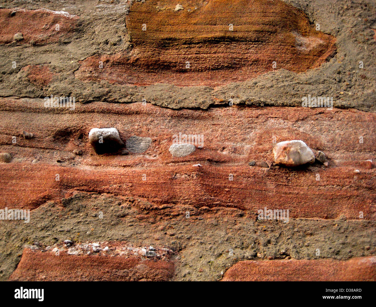 A old red sandstone wall in the Scotland, showing pebbles weathering ...