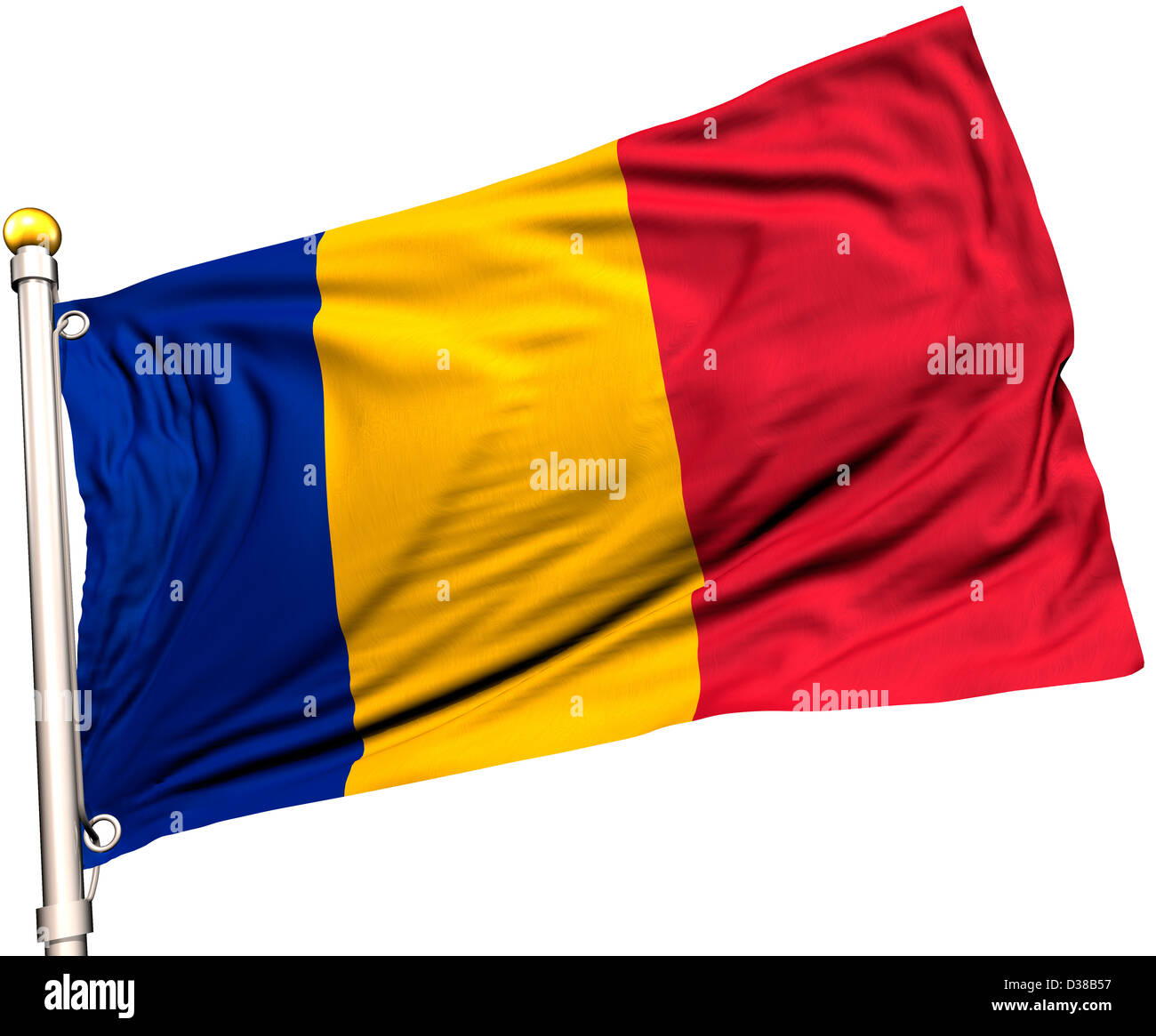 Chad flag on a flag pole. Clipping path included. Silk texture visible ...