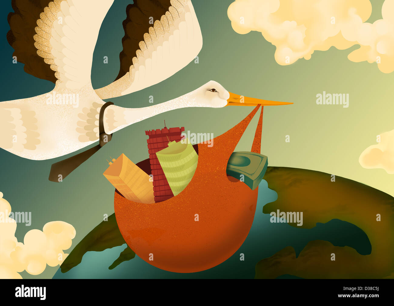 Illustrative concept of bird flying with buildings and money across ...