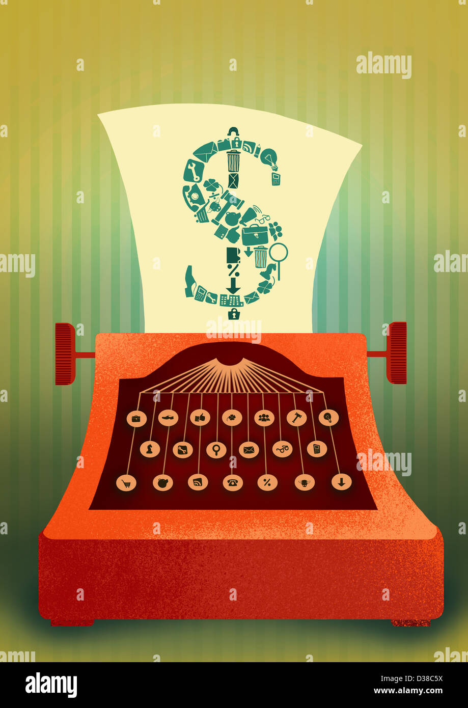 Illustrative image of typewriter with business sign keys printing out ...