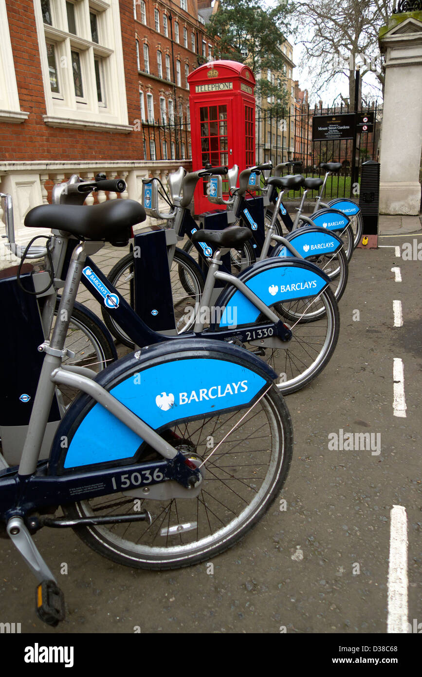 Bikes for London Cycle Hire Scheme line the street in front of an ...