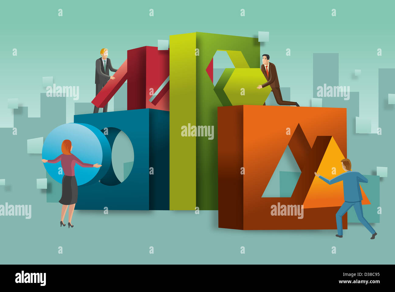 Illustrative concept of business people putting together blocks ...