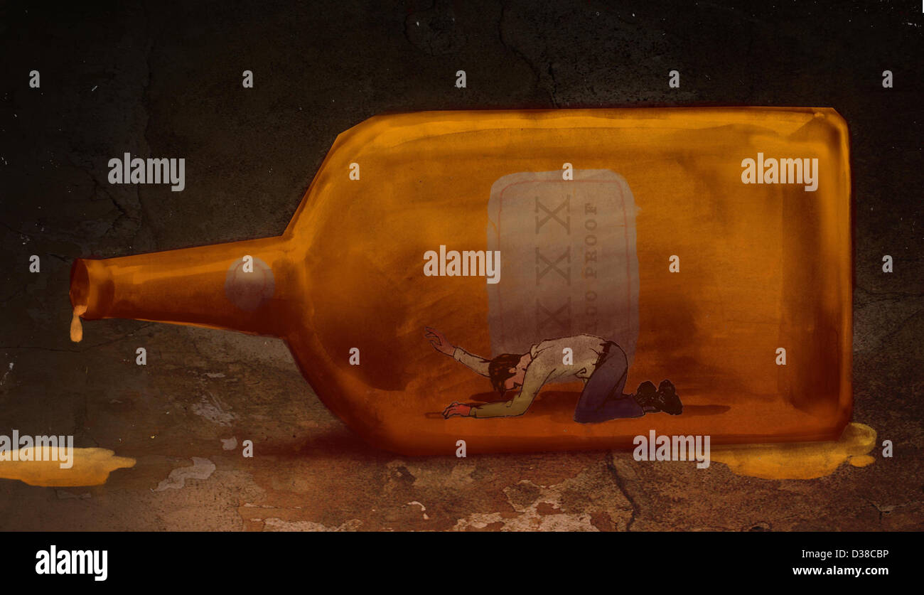 Illustrative concept of man in bottle representing alcohol addiction ...