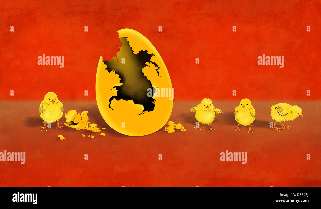 Illustrative image of newly hatched chicks by eggshell representing ...