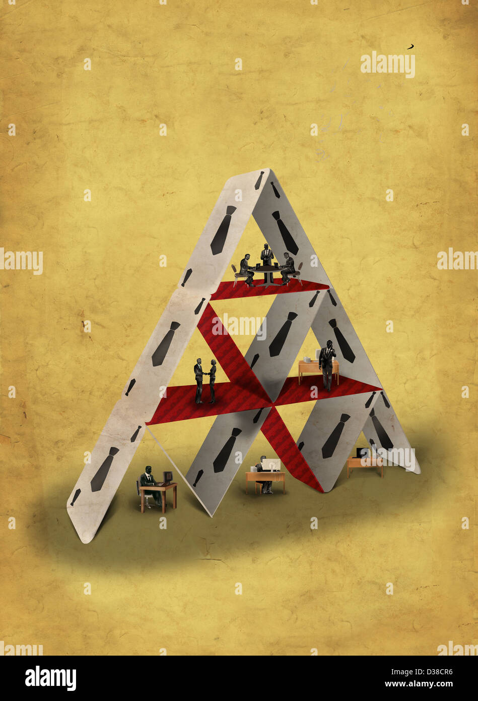 Illustrative image of a pyramid made of cards representing teamwork ...