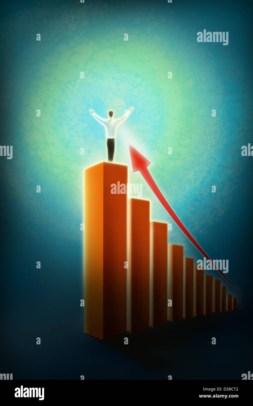 Illustrative image of businessman standing on bar graph representing ...