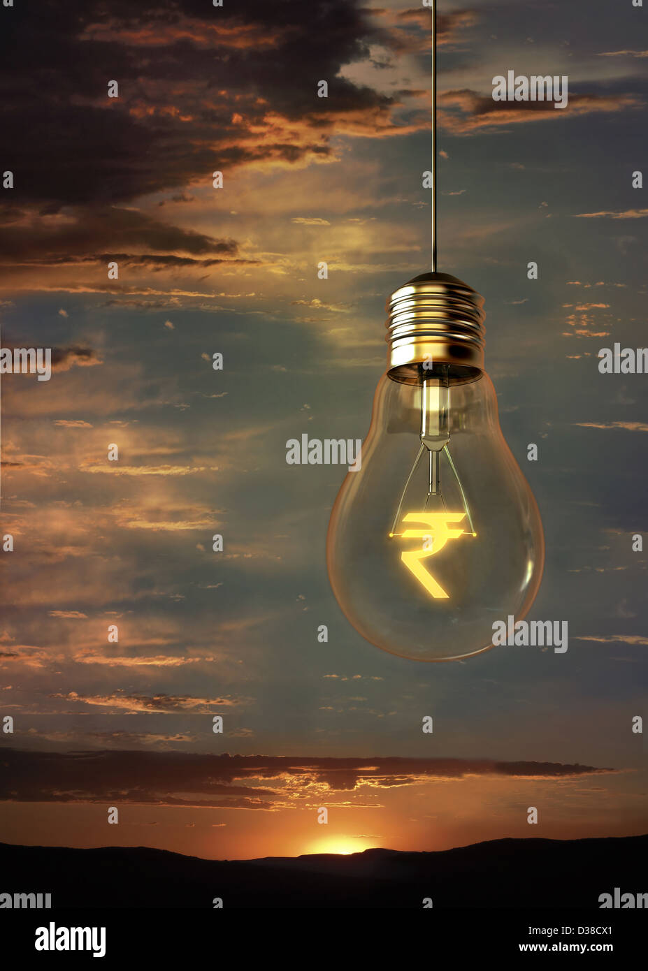 Illustrative image of rupee symbol in light bulb against cloudy sky ...
