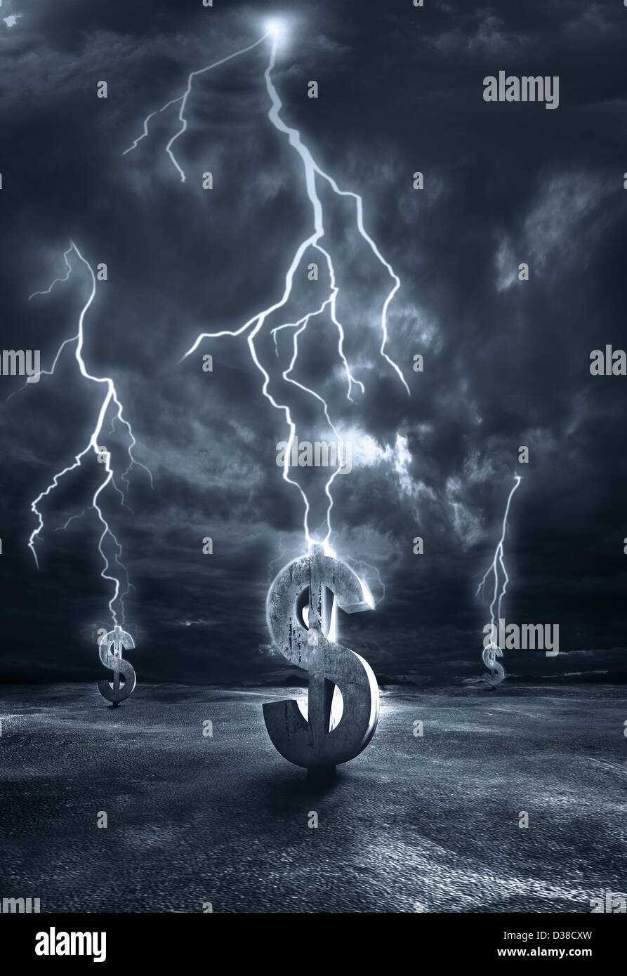 Illustrative image of lightening striking on dollar signs representing ...