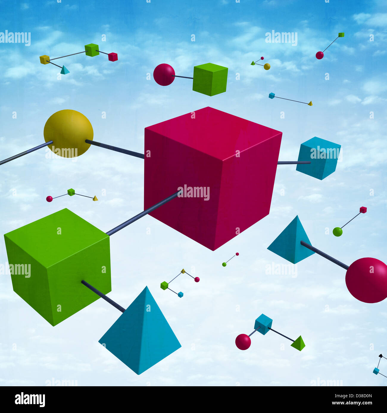 Illustrative image of geometrical shapes attached representing network ...