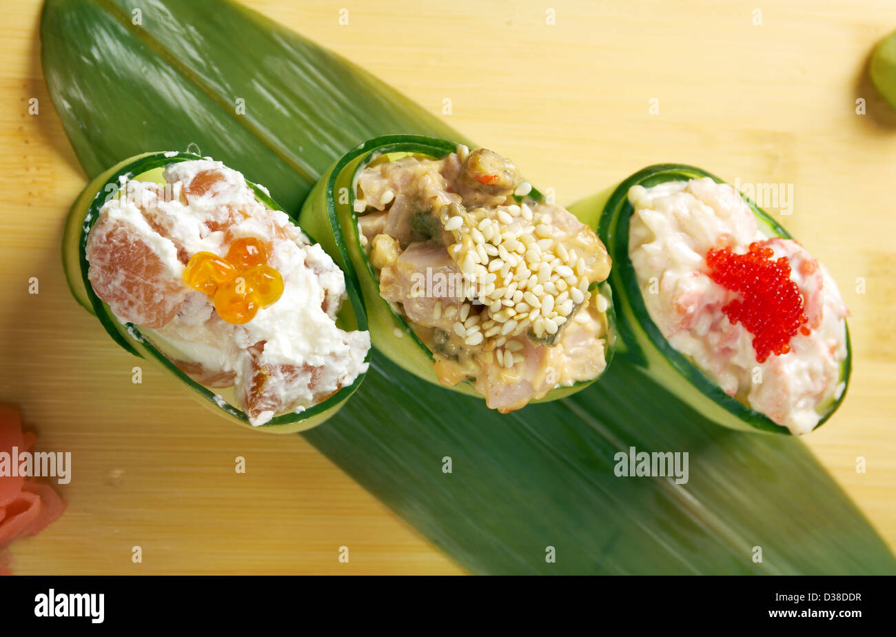 Japanese sushi traditional japanese food.Roll made of Smoked fish , roe ...