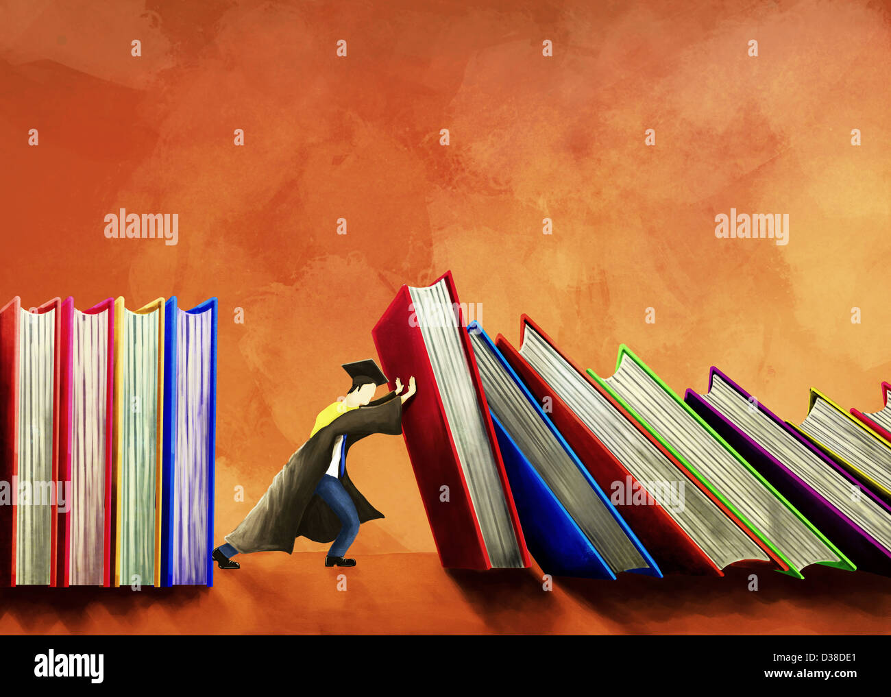 Illustrative image of male student pushing books over orange background ...