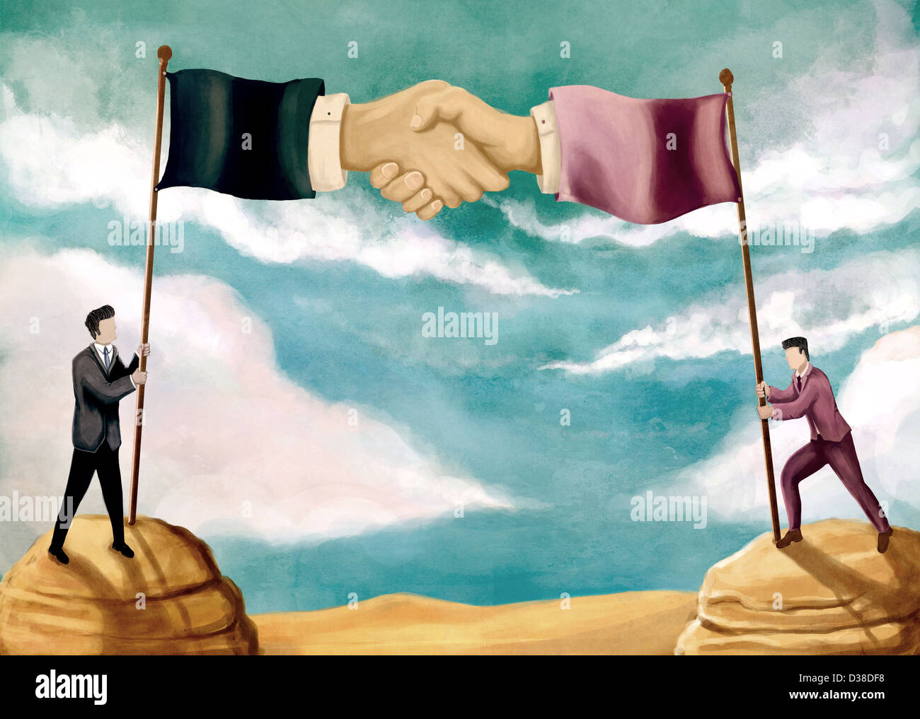 Illustrative image of businessmen holding flag poles representing ...
