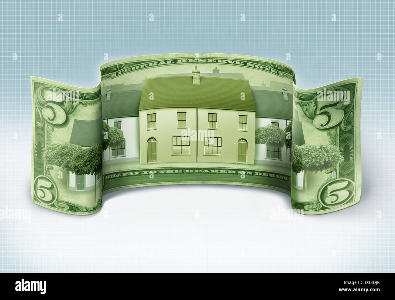 Illustrative image of house printed on banknote representing real ...