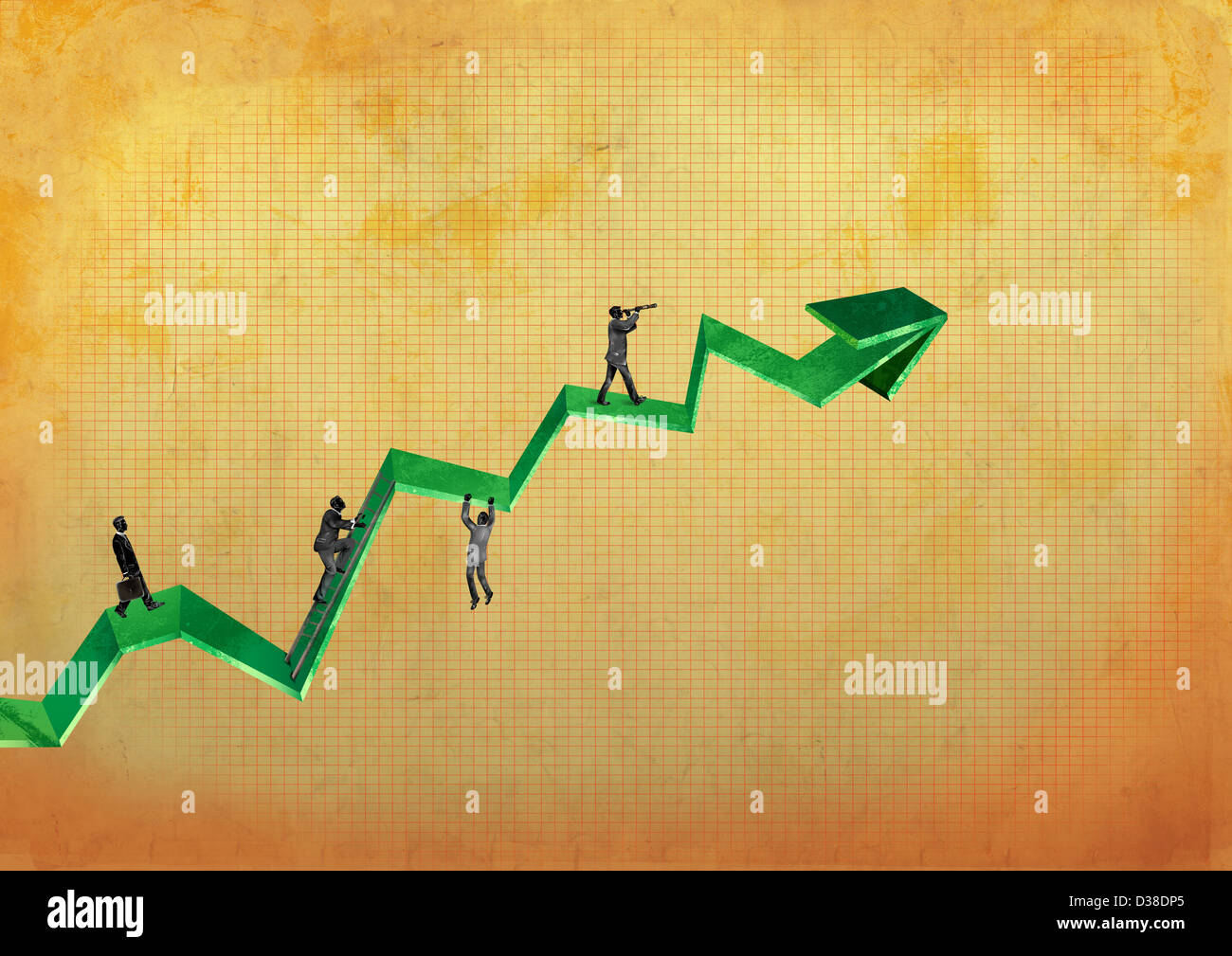 Illustrative image of businessmen walking on a line graph representing ...