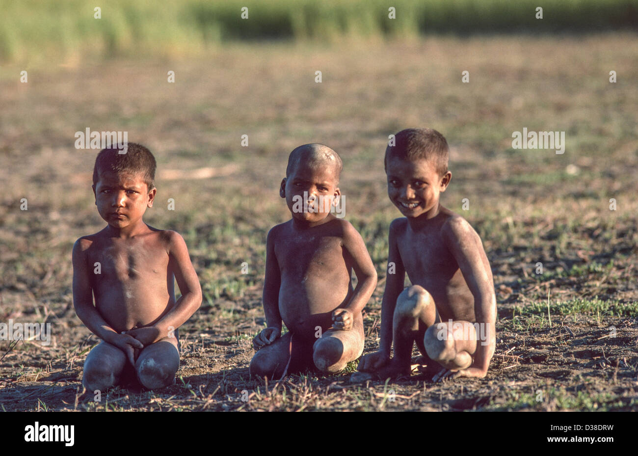 Three small boys of poor farming families playing in a field laid bare ...