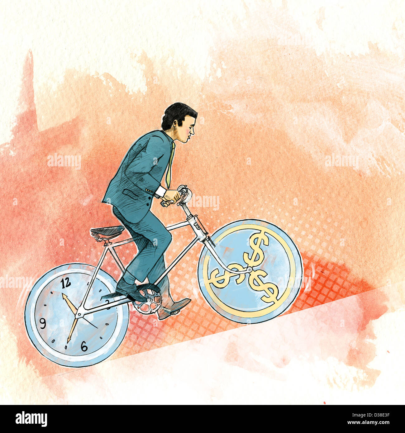 Illustrative image of man riding bicycle representing time management ...