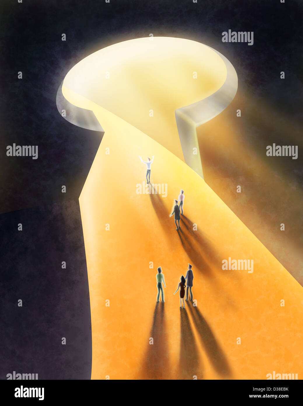 Illustrative image of light coming out from keyhole and people walking ...