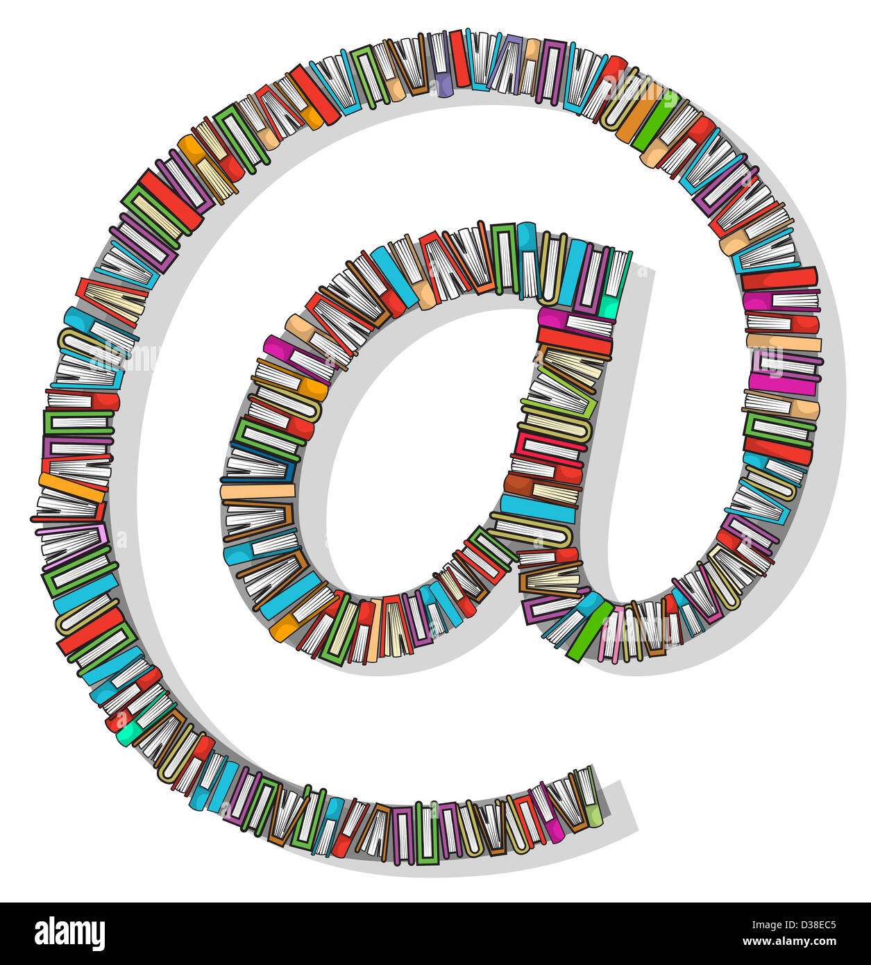 Top view of books arranged in 'at' symbol over white background ...