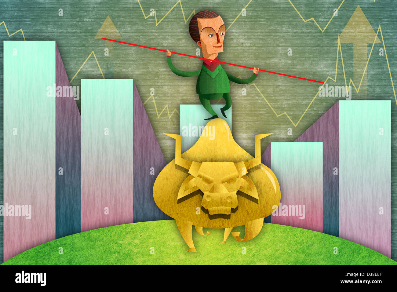 Illustrative image of businessman balancing himself on bull ...