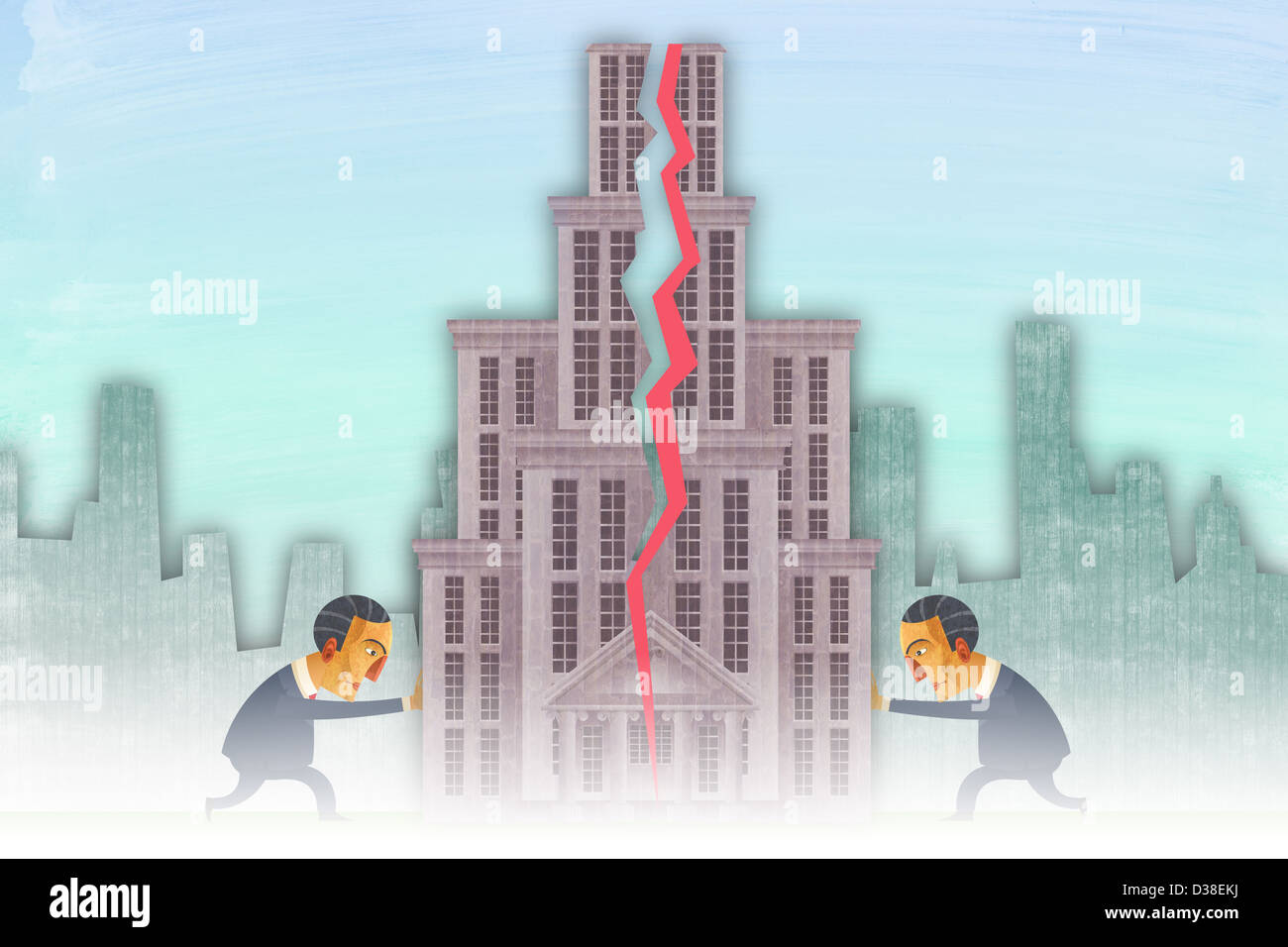 Illustrative image of businessmen pushing building parts representing ...