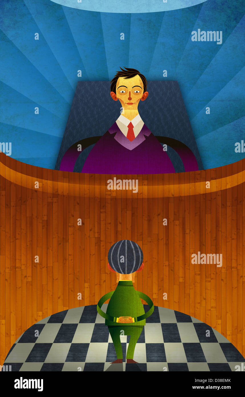Illustrative image of judge looking at man representing accusation ...