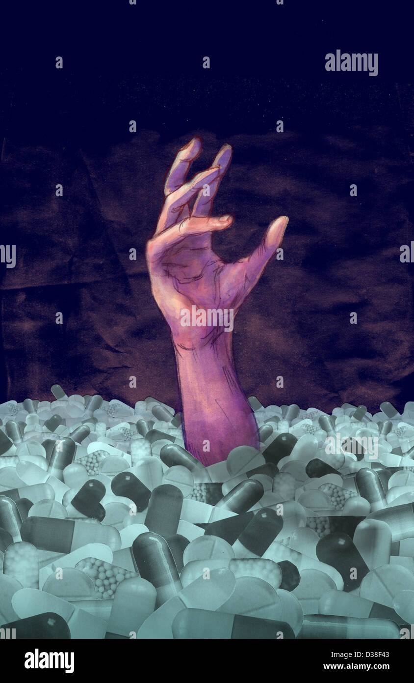 Illustrative image of human hand amidst pills representing drug abuse ...