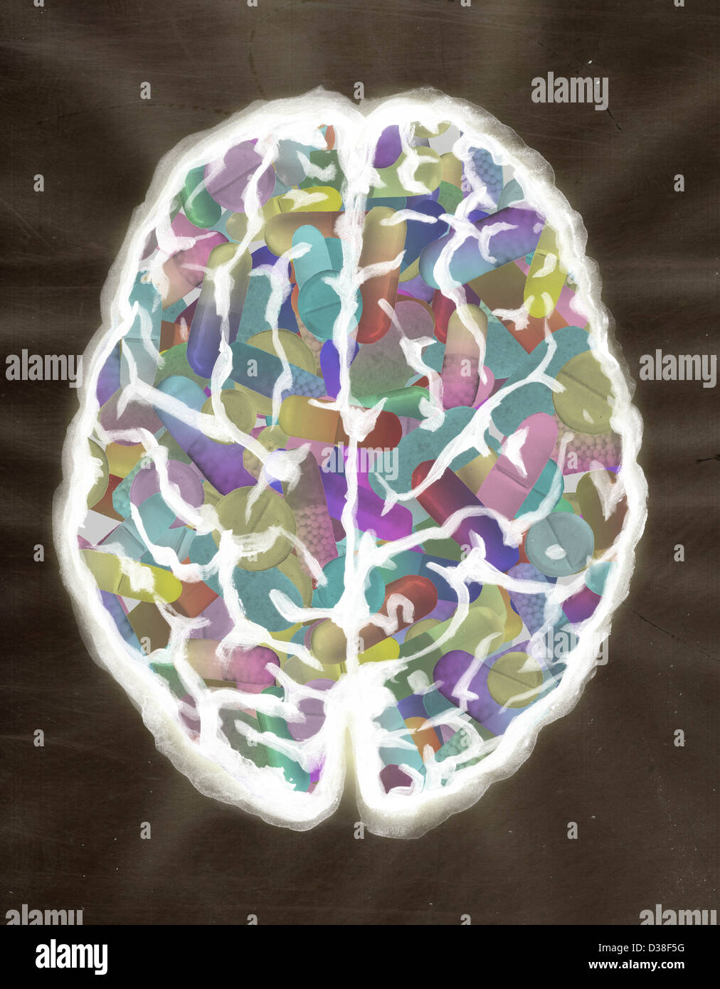 Illustrative image of human brain filled with capsules Stock Photo - Alamy