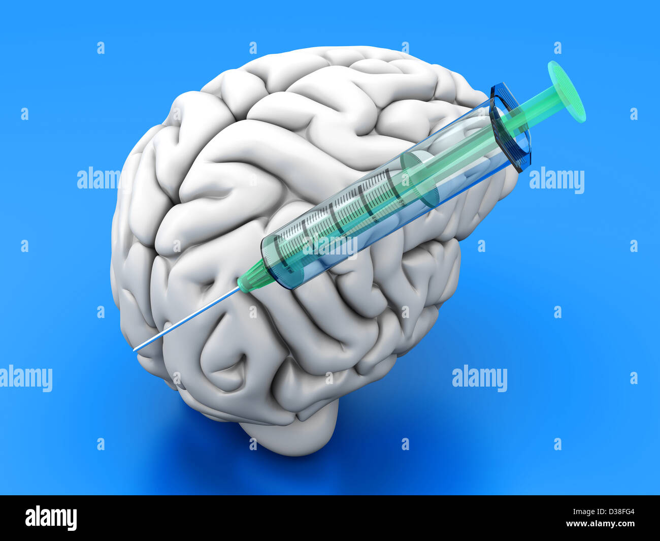 Syringes injecting substances into a human brain Stock Photo - Alamy
