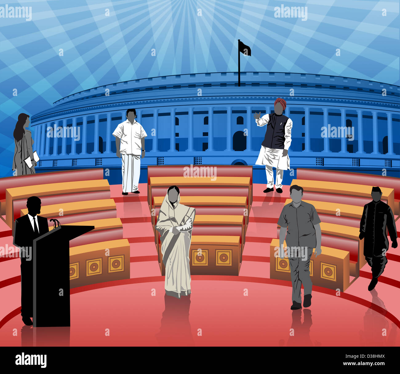 Politicians in front of a parliament house, Sansad Bhawan, New Delhi ...