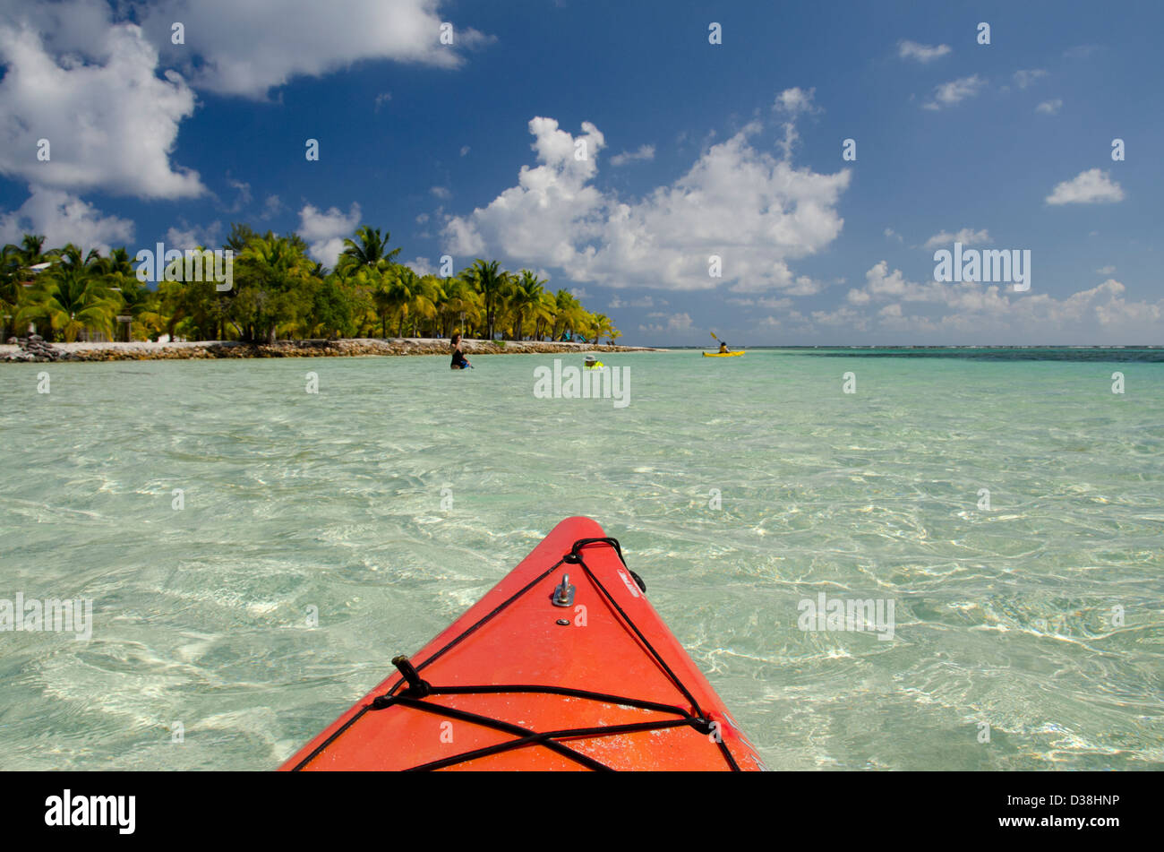 Belize, Caribbean Sea, Southwater Cay. Kayaking in the clear waters off ...