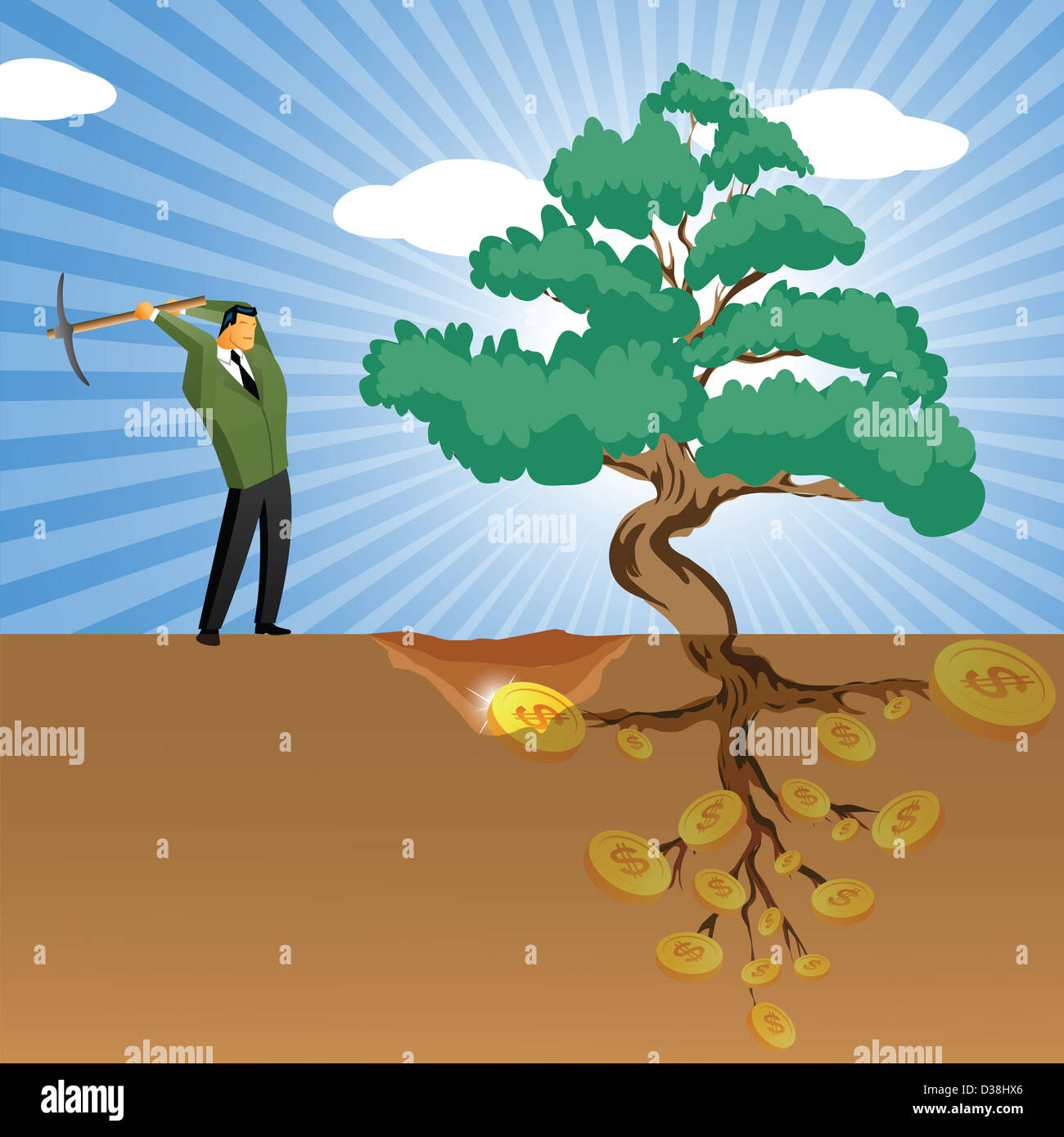 Businessman digging for money near a money tree Stock Photo - Alamy