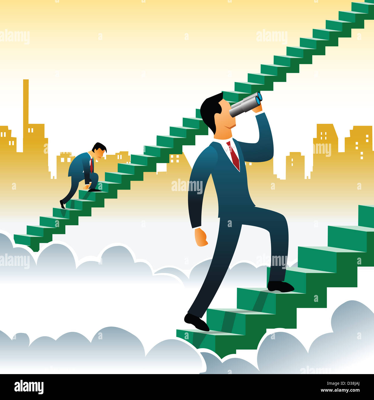 Businessmen climbing up steps over the clouds Stock Photo - Alamy