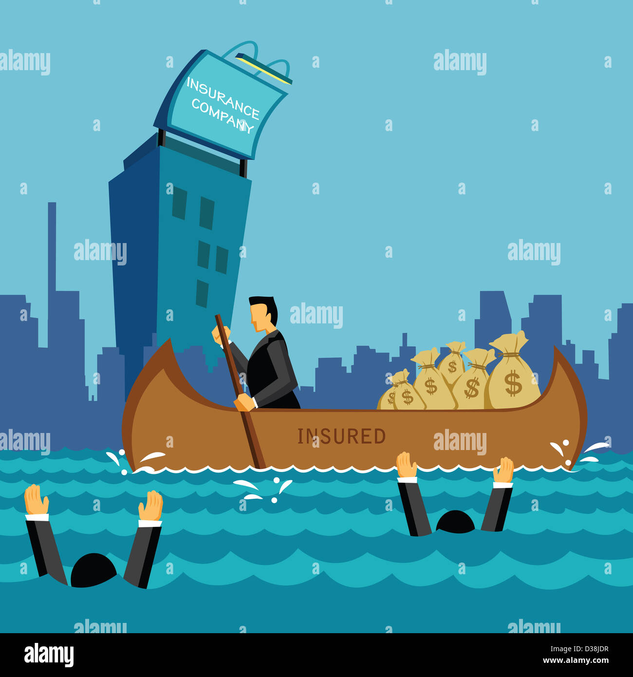 Businessman traveling in an insured boat with money bags in the sea ...