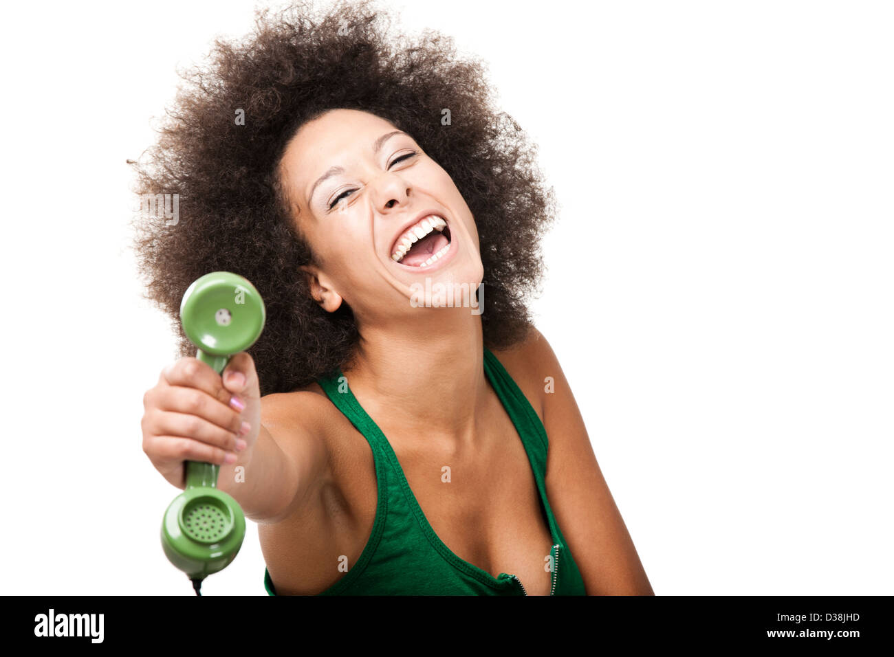 Afro-American young woman answering a call, isolated on white ...