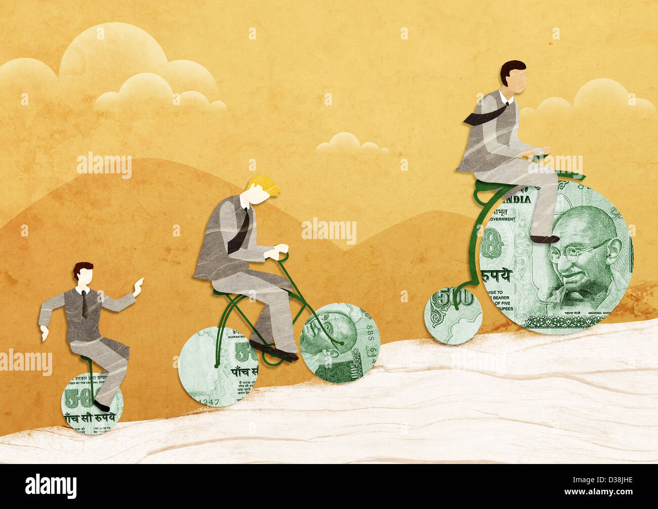 Three businessmen riding money bikes Stock Photo - Alamy