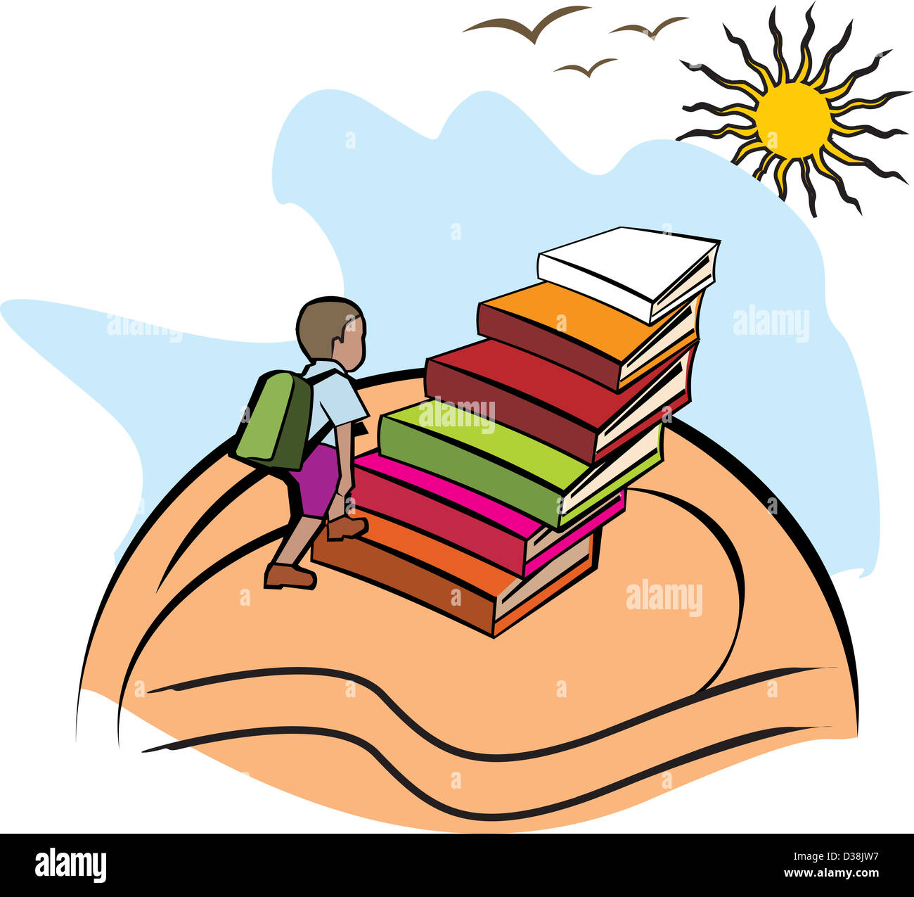 Boy climbing up steps formed with stack of books Stock Photo - Alamy