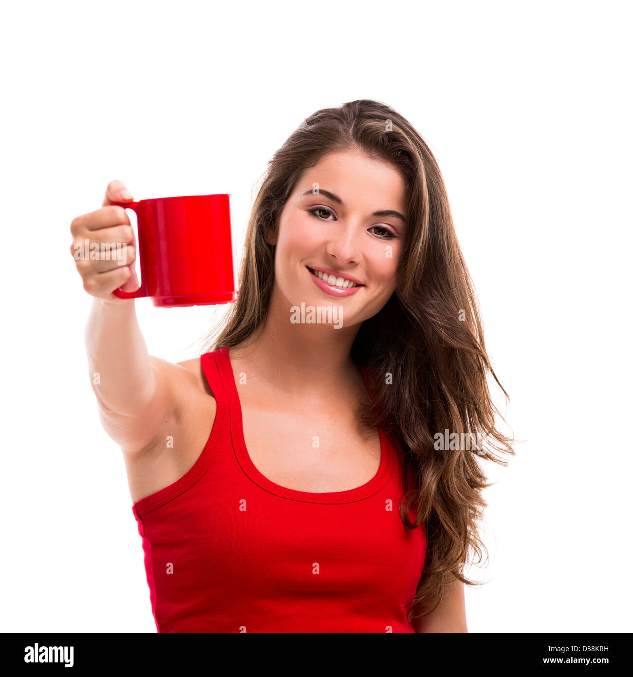 Beautiful young woman over a white background drinking a hot coffee ...